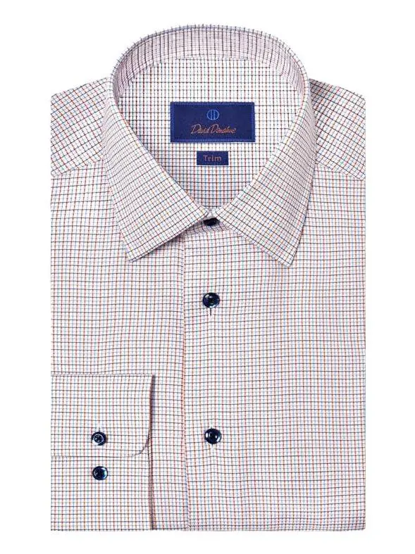David Donahue Trim Fit Micro Dobby Check Dress Shirt - Blue/orange