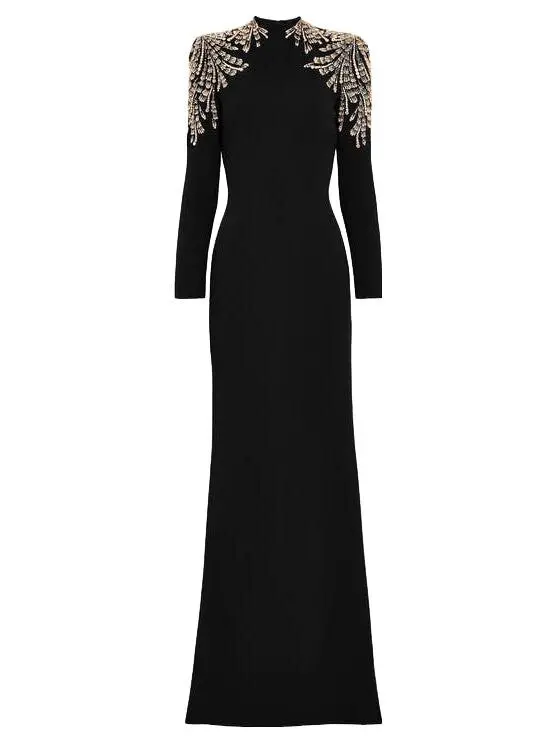 Jenny Packham Embellished-shoulders Mock-neck Maxi Dress - Liquorice