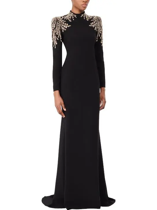 Jenny Packham Embellished-shoulders Mock-neck Maxi Dress - Liquorice
