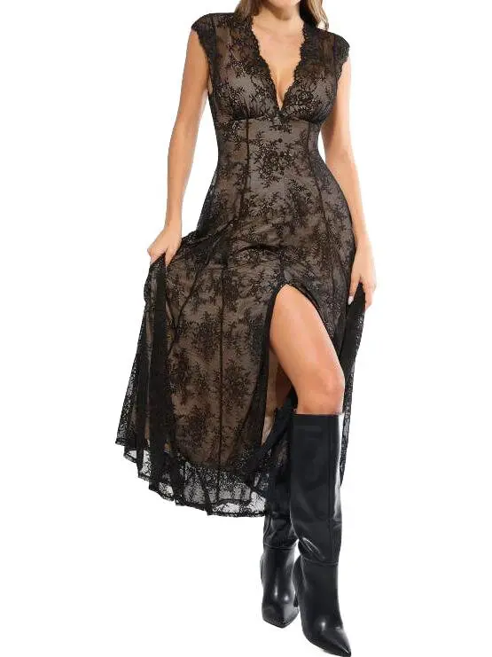 POPILUSH Floral Lace V-neck Maxi Dress - Black