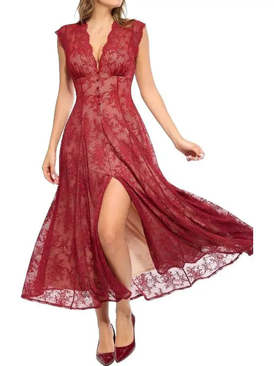 POPILUSH Shapewear Boho Floral Lace Front Slit Maxi Dress - Burgundy