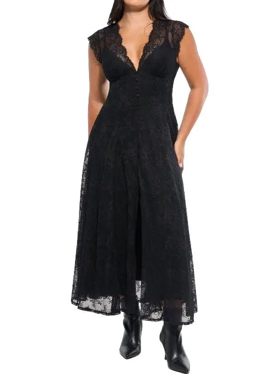 POPILUSH Floral Lace V-neck Maxi Dress - Midnight Black