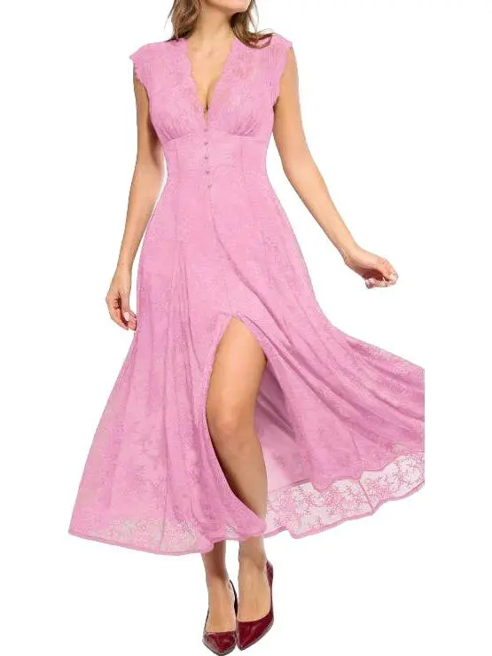 POPILUSH Shapewear Boho Floral Lace Front Slit Maxi Dress - Rosy Pink