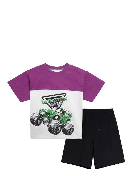 MONSTER JAM Grave Digger T-shirt & Mesh Shorts Set - Purple/gray/black