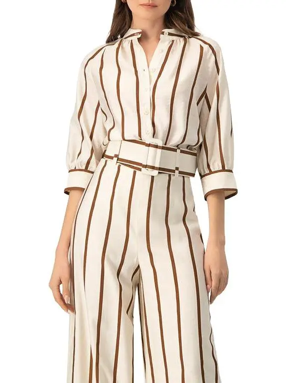 IVONNE Striped Mandarin Collar Shirt - Natural