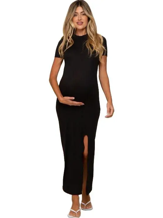 PINKBLUSH Mock Neck Front Slit Maxi Dress - Black