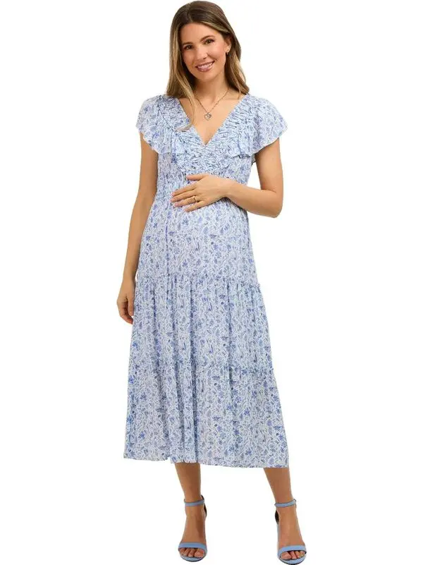 PINKBLUSH Floral Front Ruched Ruffle Shoulder Tiered Midi Dress - Blue