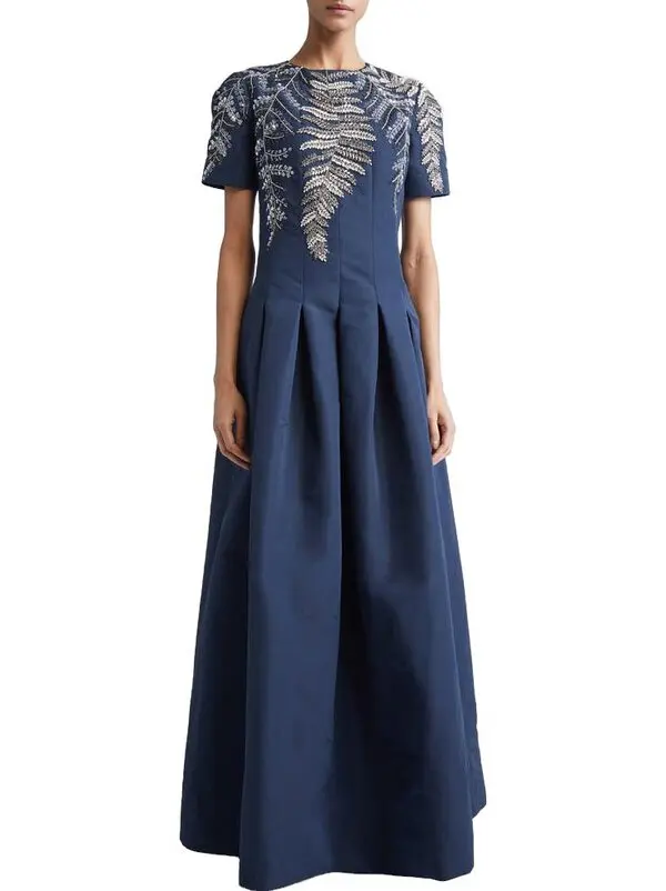 Oscar De La Renta Sequin Fern Embroidered Faille Gown - Navy