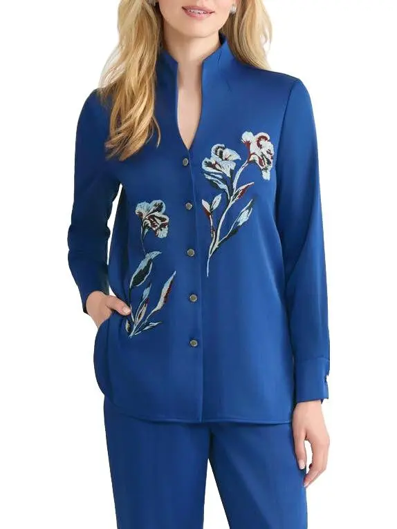 Misook Embroidered Crêpe De Chine Shirt - Lazuli Blue/sngra/prl Gry/blck