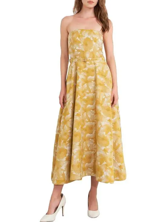 FREEMARKET Strapless Floral Jacquard Midi Dress With Belt - Mustard