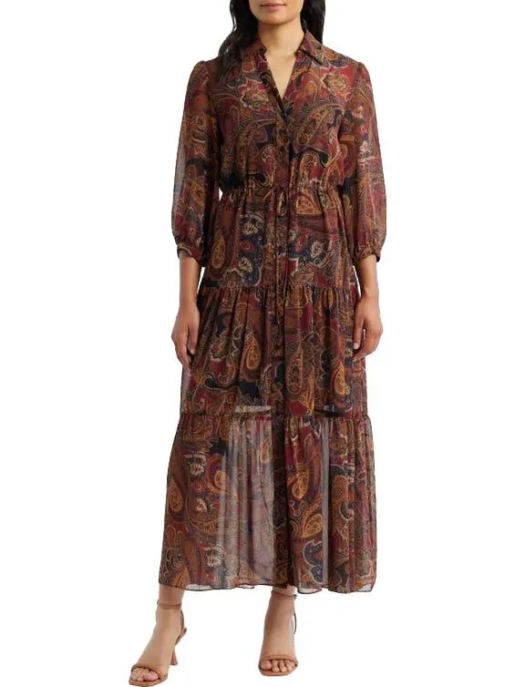Julia Jordan Paisley Tiered Shirtdress - Burgundy Multi