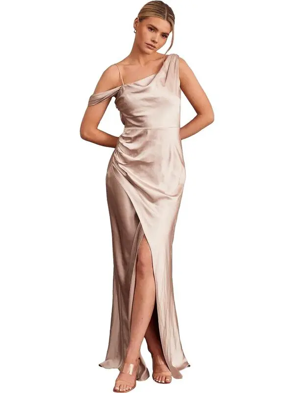SIX STORIES Asymmetric Bardot Satin Dress - Oyster