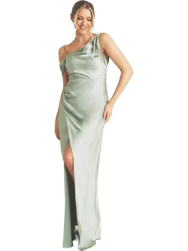 SIX STORIES Asymmetric Bardot Satin Dress - Sage