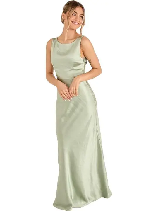 SIX STORIES Satin Bridesmaid Dress With Cowl Back - Sage