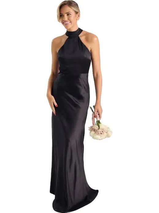 SIX STORIES Halter Neck Satin Gown - Black