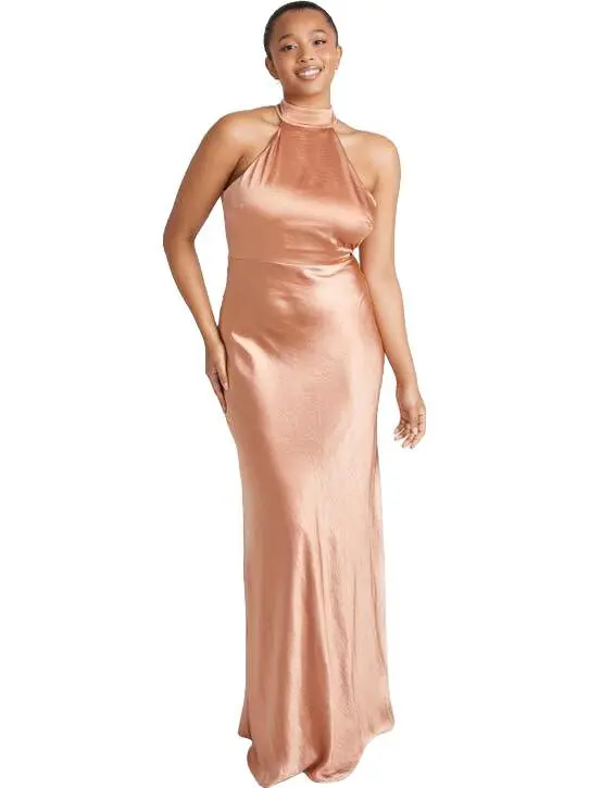 SIX STORIES Halter Neck Satin Gown - Burnt Peach