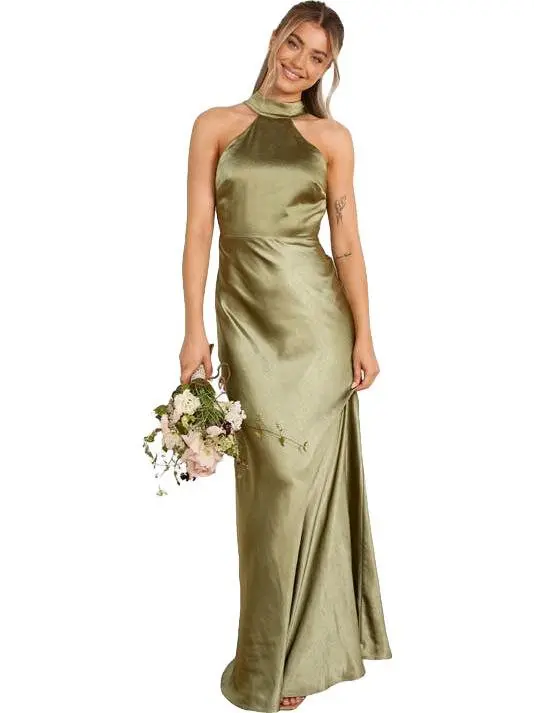 SIX STORIES Halter Neck Satin Gown - Moss Green