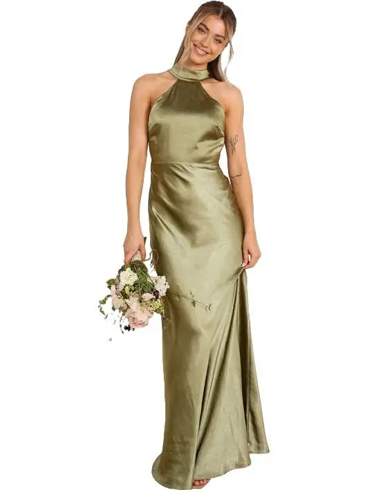 SIX STORIES Halter Neck Satin Gown - Moss Green
