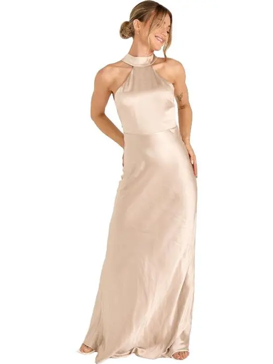 SIX STORIES Halter Neck Satin Gown - Oyster
