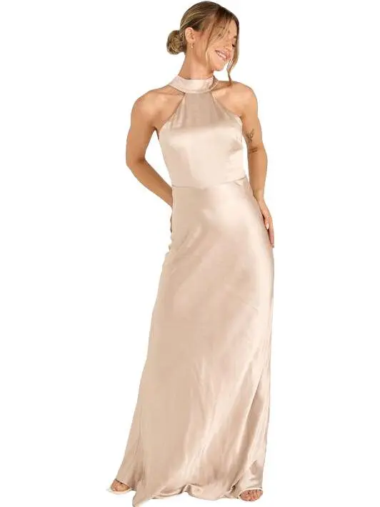 SIX STORIES Halter Neck Satin Gown - Oyster