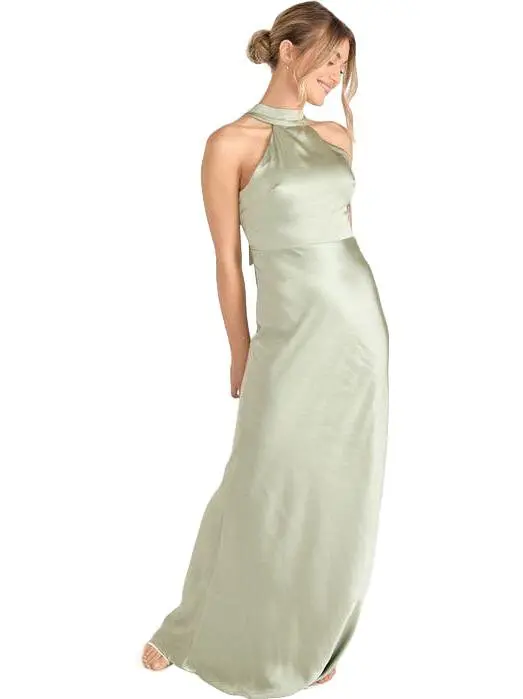 SIX STORIES Halter Neck Satin Gown - Sage