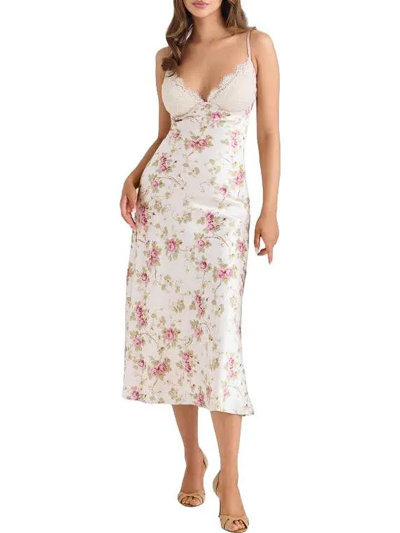 House Of Cb Felicity Bias Cut Satin Midi Dress - Ivory Floral Print