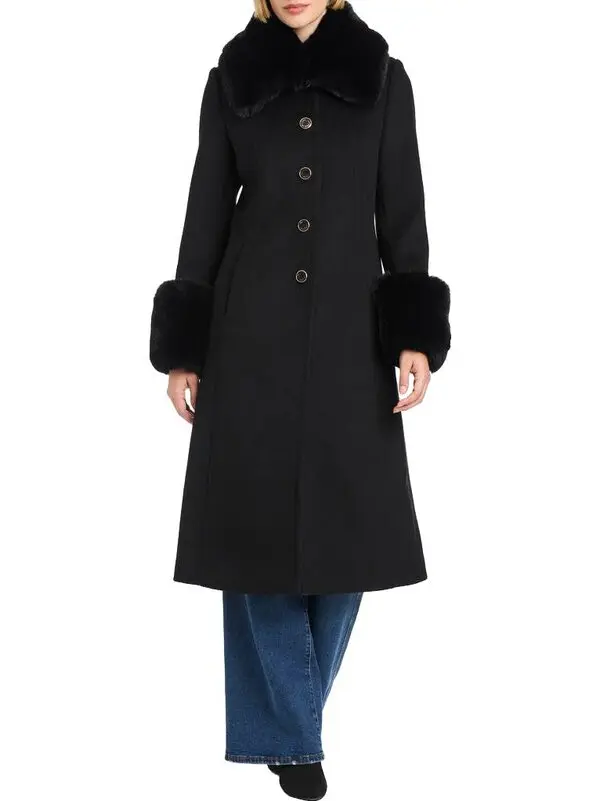 Vince Camuto Single Breasted Coat With Faux Fur Collar And Cuffs - Black