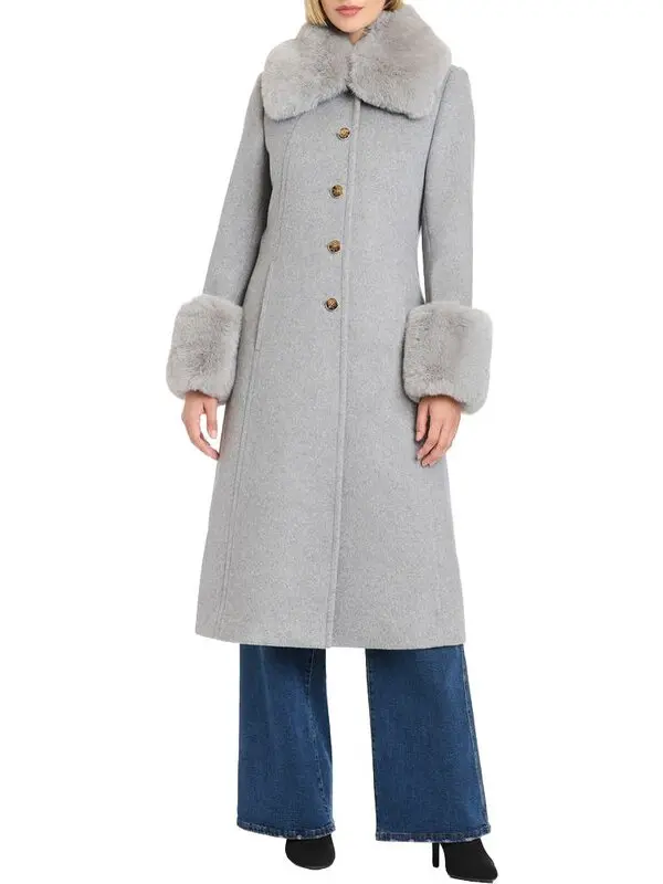 Vince Camuto Single Breasted Coat With Faux Fur Collar And Cuffs - Grey