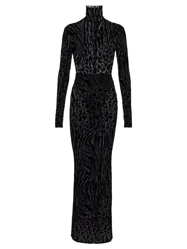 Alex Perry Sheer Animal-print Devore Maxi Dress - Black