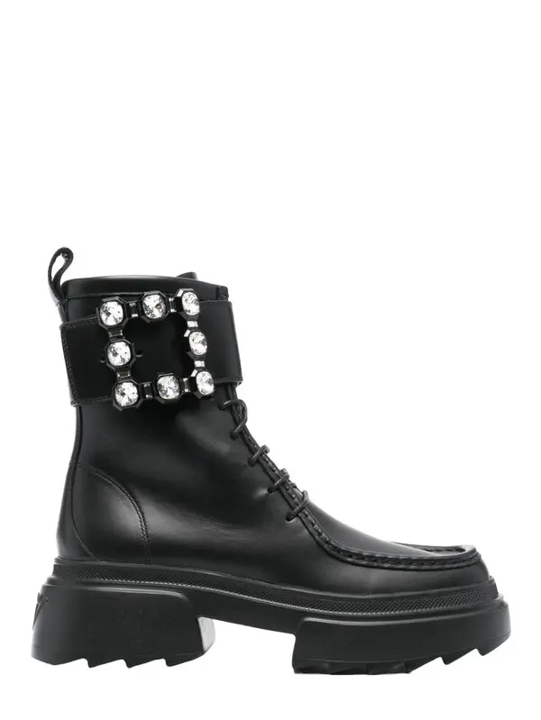 ROGER VIVIER Wallaviv Strass Buckle Leather Boots - Black