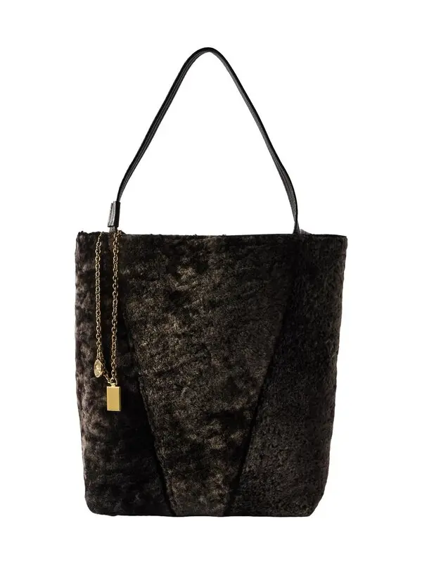 Chloé Spin Leather-trimmed Embellished Shearling Tote - Brown