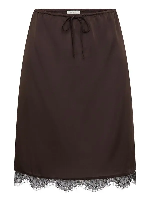 ST. AGNI Lace-trimmed Silk Midi Skirt - Brown