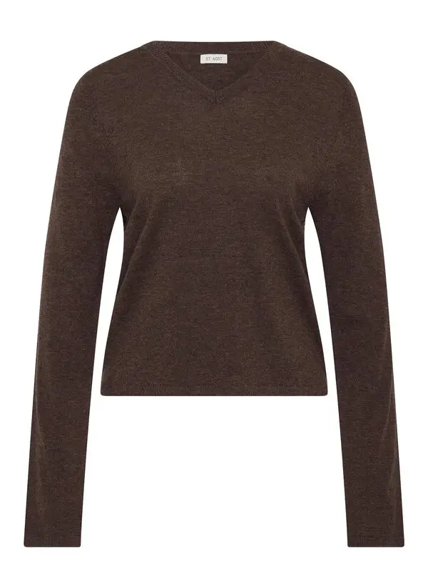 ST. AGNI V-neck Long Sleeve Wool Sweater - Brown