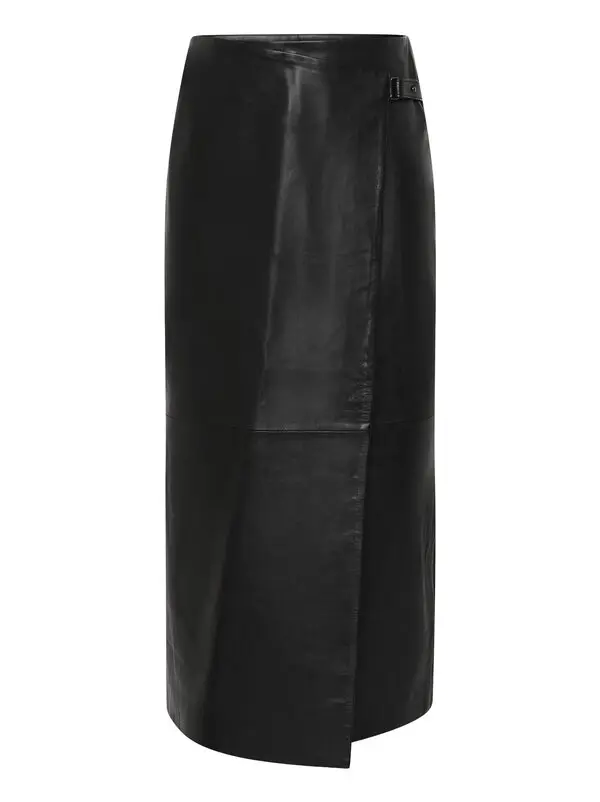 ST. AGNI Wrap-front Leather Midi Skirt - Black