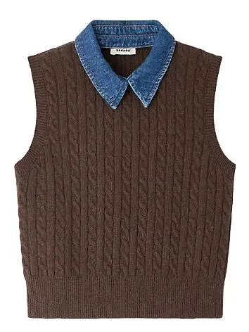 Sandro Ribbed Wool-blend Jumper With Denim Collar - Brown