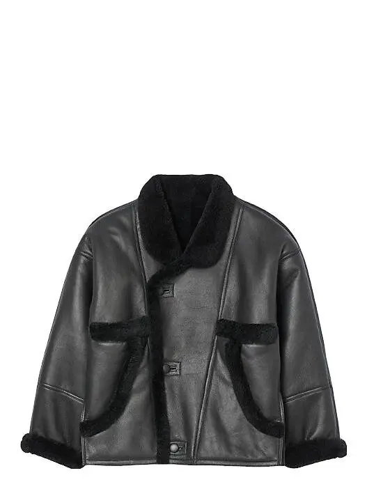 Sandro Contrast-trim Short Shearling Coat - Black