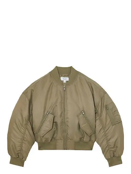 REISS Ribbed-collar Puffer Bomber Jacket - Khaki
