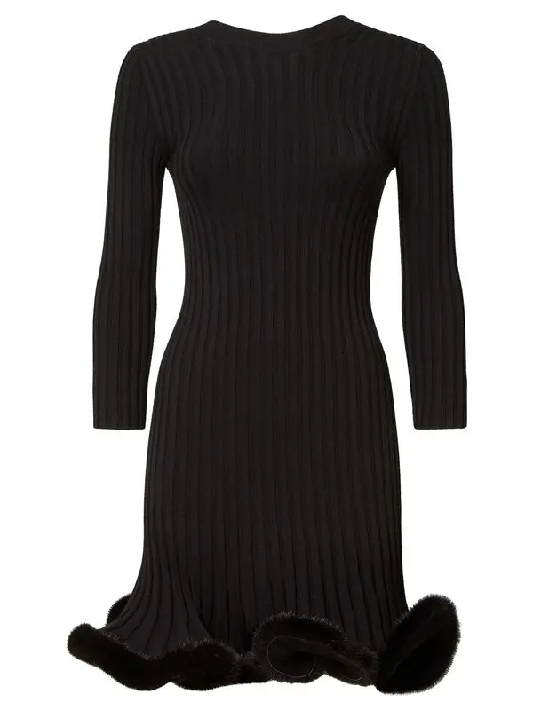 Fendi Rib Knit Short Dress With Mink Trim - Black