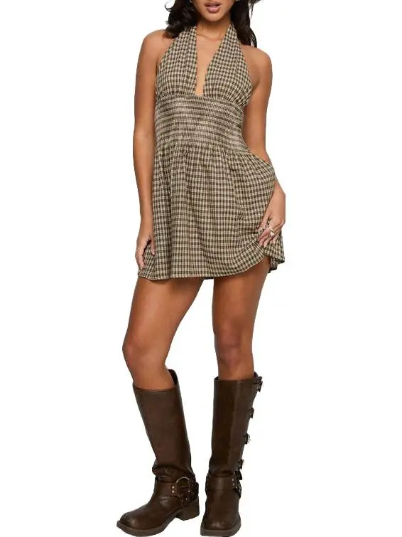 Princess Polly Juanette Check Halter Mini Dress - Brown Check
