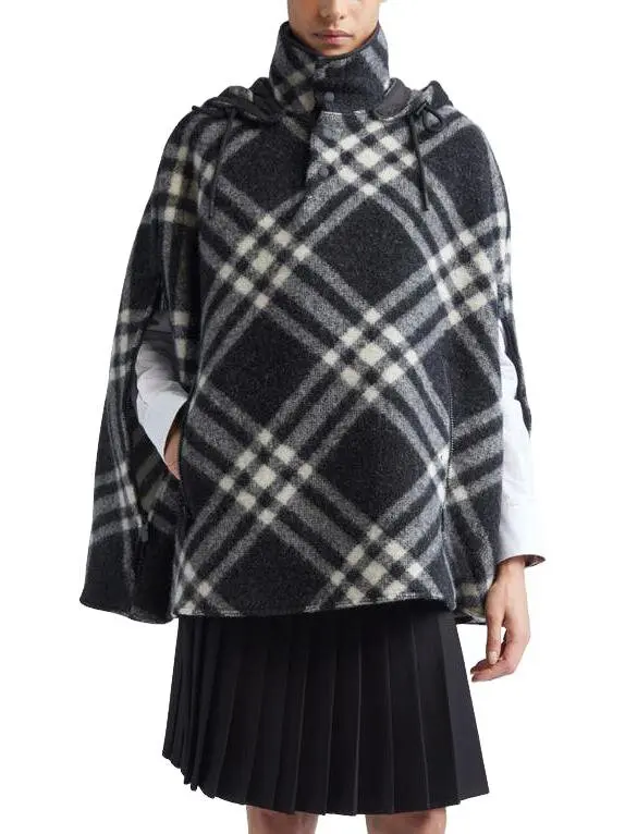Burberry St. Neve Check Hooded Wool Cape - Black