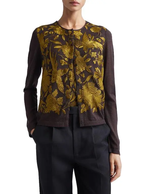 Giambattista Valli Metallic Floral Jacquard Cashmere And Silk Cardigan - Brown