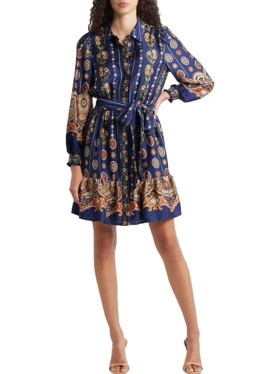 Anne Klein Medallion Print Tie Waist Shirtdress - Distant Mountain Multi