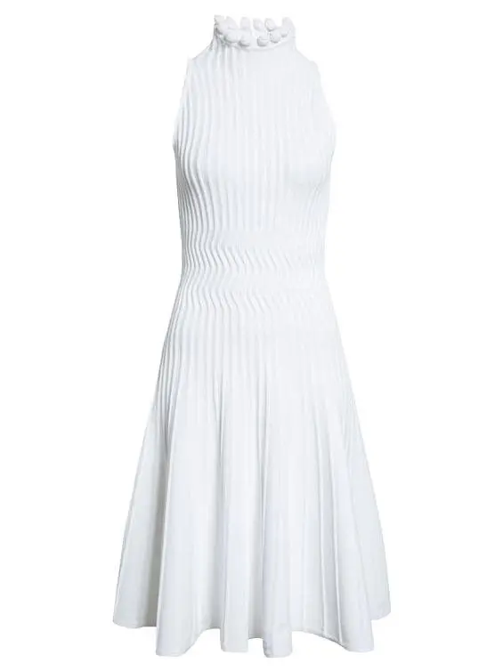 Alaïa Curled Trim Rib Fit & Flare Dress - Blanc