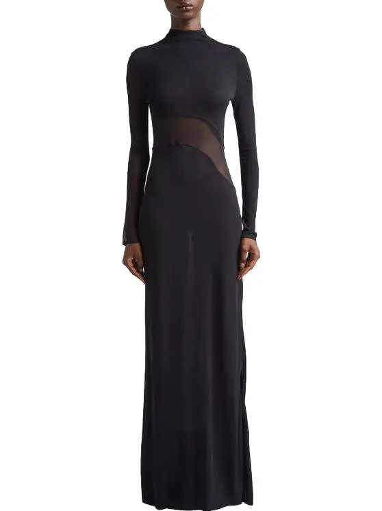 Alaïa Mesh Inset Long Sleeve Jersey Dress - Noir Alaia