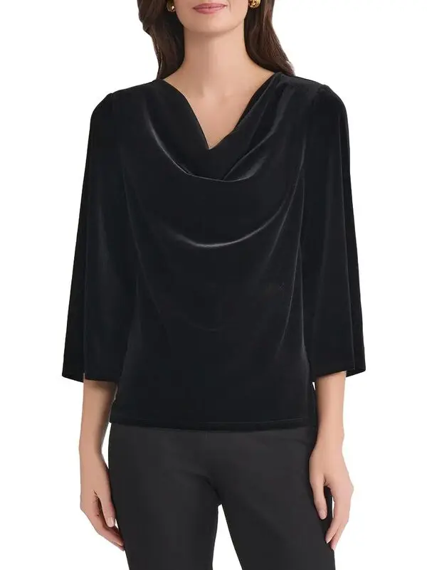 KASPER Cowl Neck Velvet Top - Black