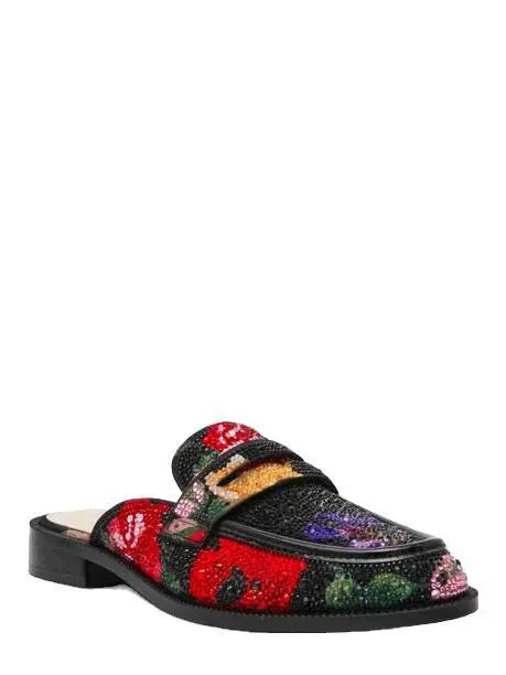 Betsey Johnson Liona Rhinestone Floral Mule - Black Flower Multi