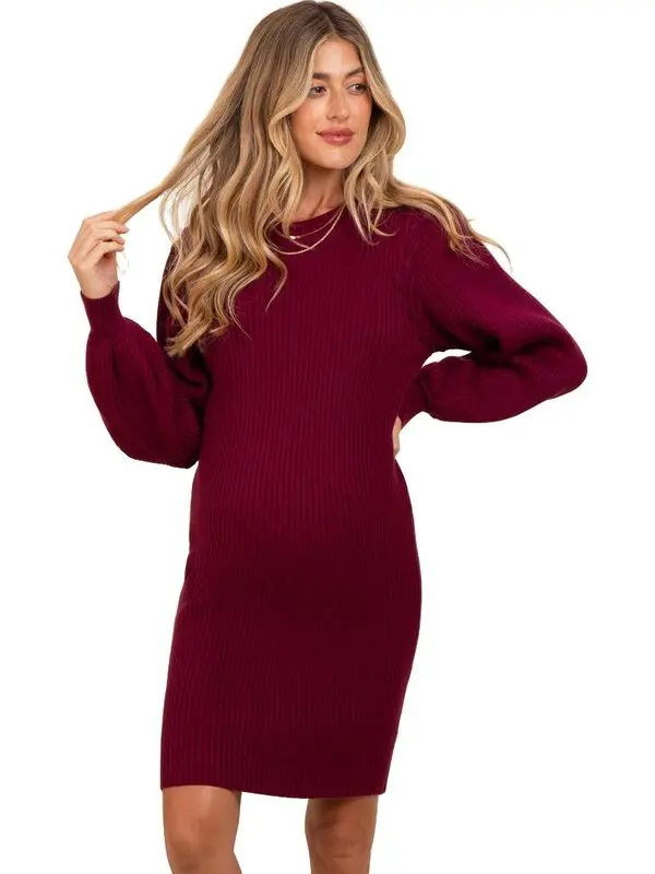 PINKBLUSH Bubble Sleeve Sweater Dress - Burgundy