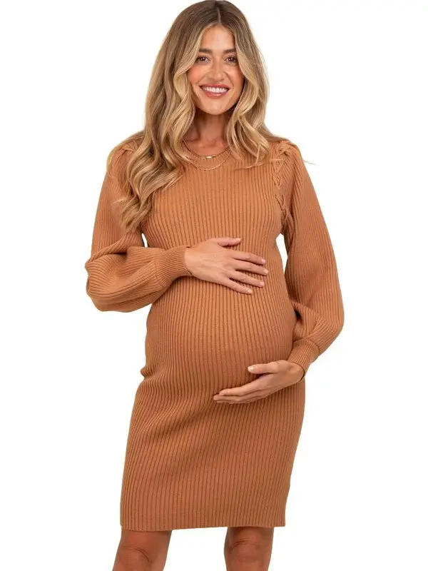 PINKBLUSH Bubble Sleeve Sweater Dress - Camel