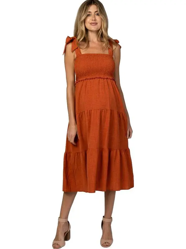 PINKBLUSH Bow Strap Tiered Midi Dress - Rust