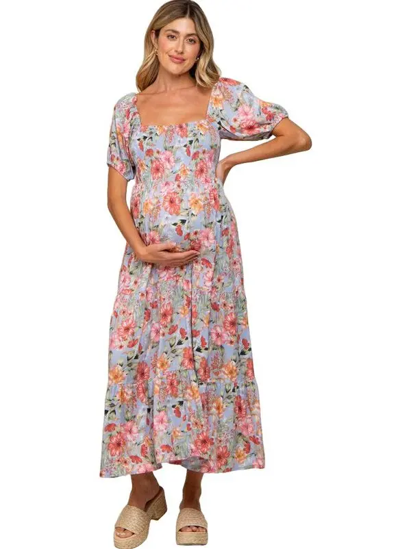 PINKBLUSH Floral Smocked Square Neck Tiered Maxi Dress - Blue